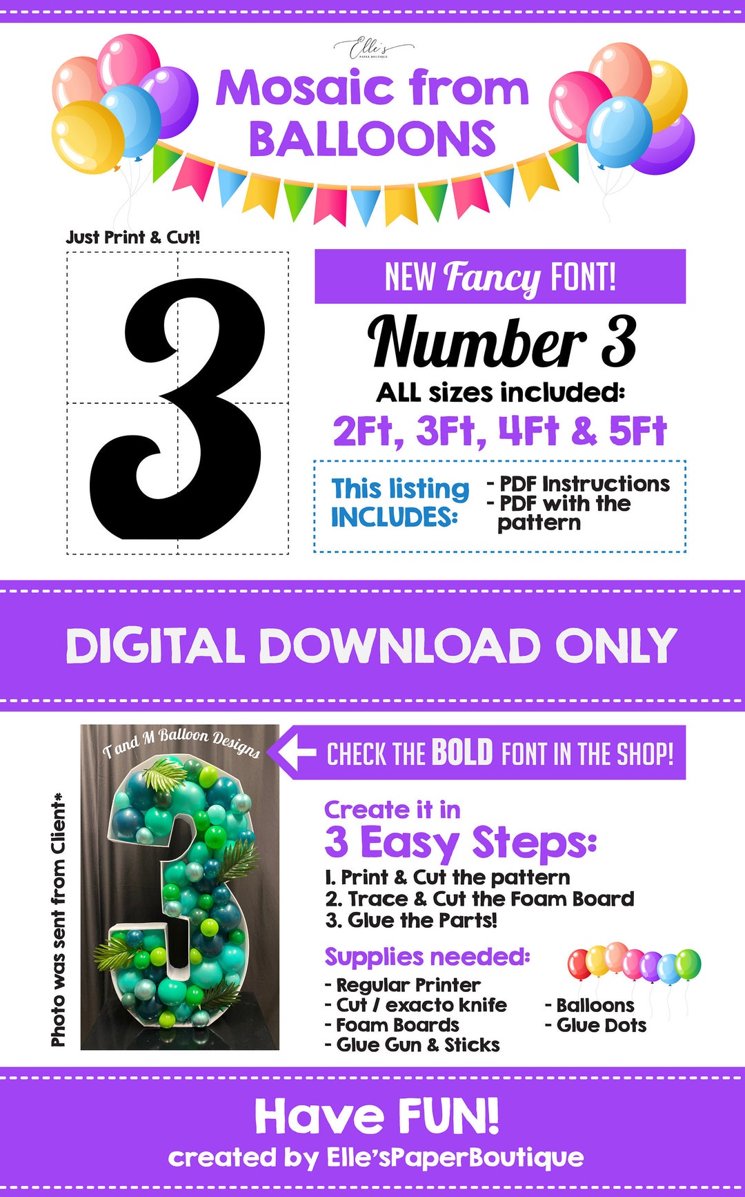 FANCY Number 3, Balloon Mosaic Template, Number Three, Mosaic Number ...