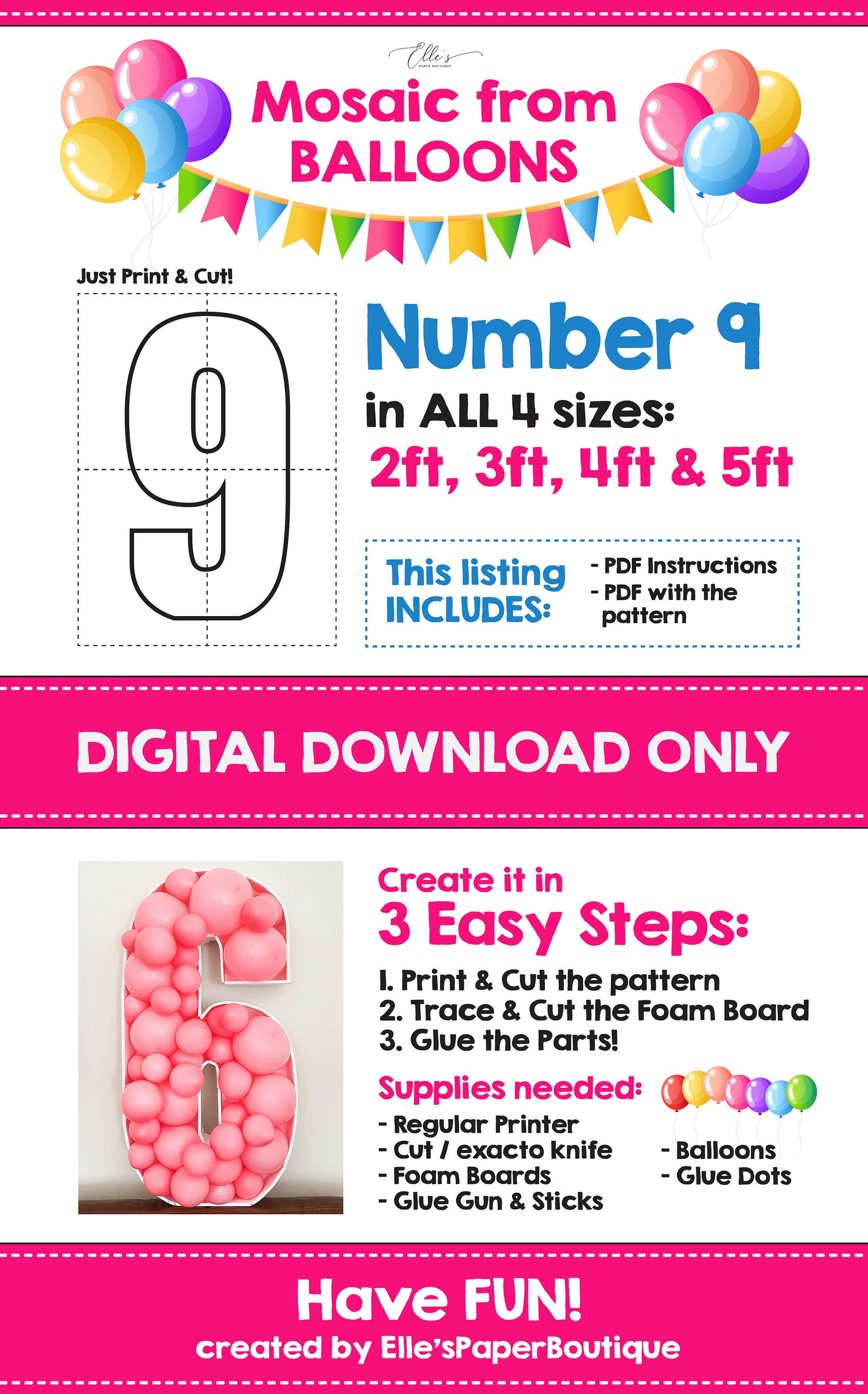 Mosaic Number 9 Number Nine Mosaic Template From Balloons - Etsy