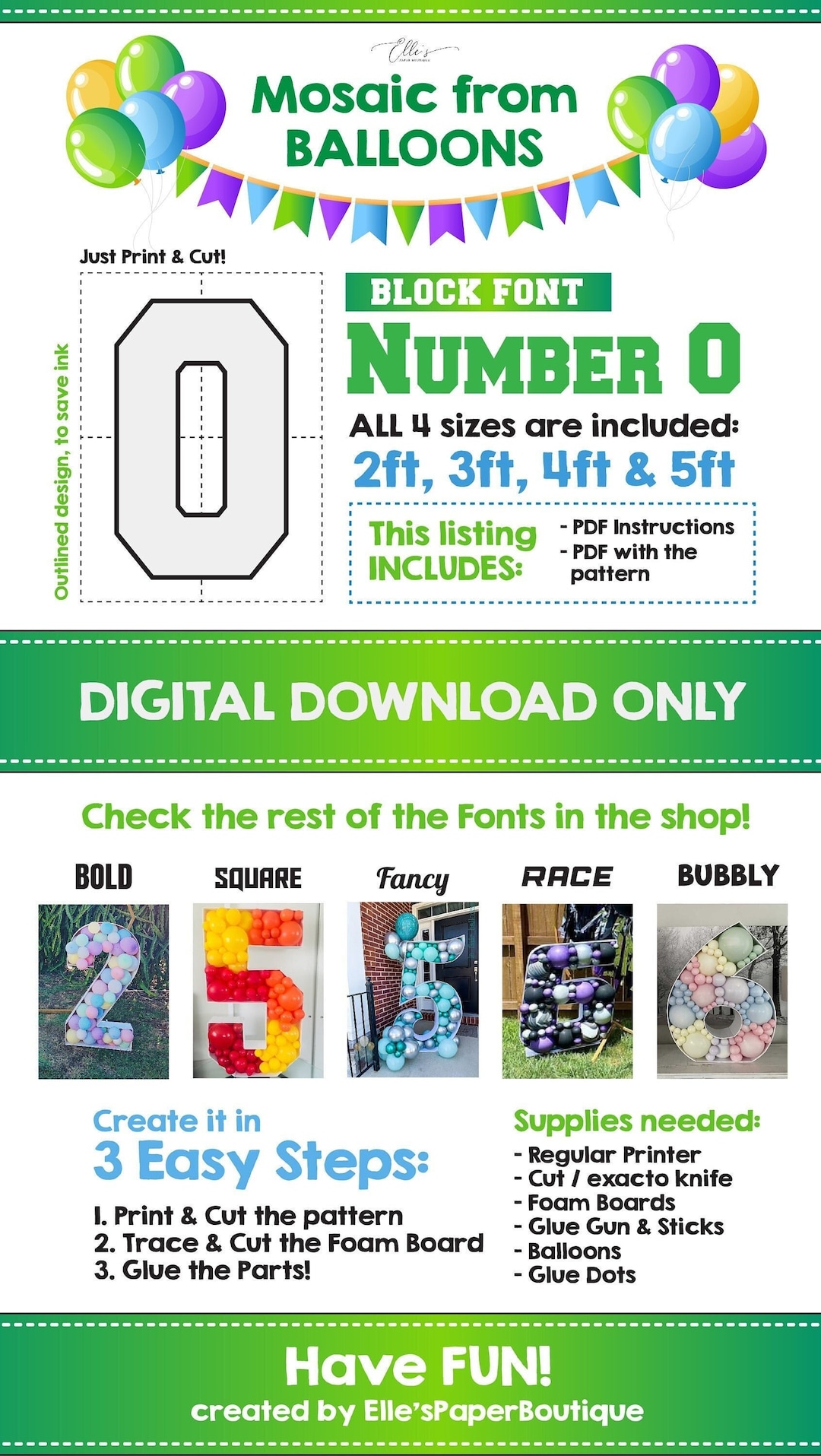 Number 0 BLOCK Font, Balloon Mosaic Template, Mosaic Number Template ...