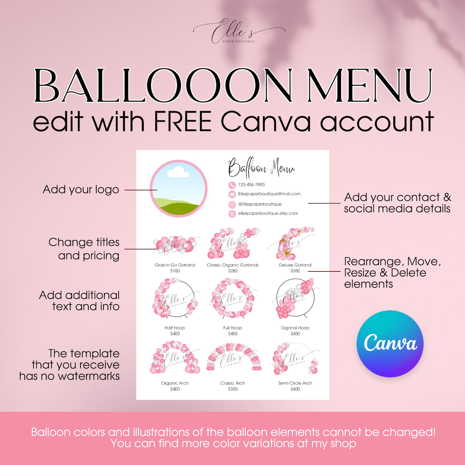 CANVA Balloon Menu, Pink & White, Editable Balloon Menu, Purple Balloon ...