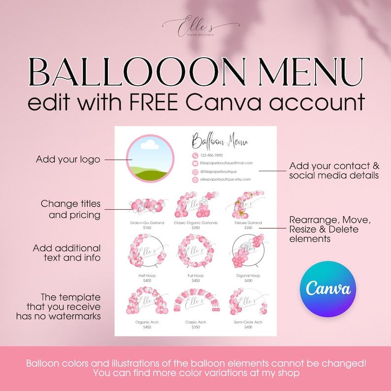 CANVA Balloon Menu, Pink & White, Editable Balloon Menu, Purple Balloon ...