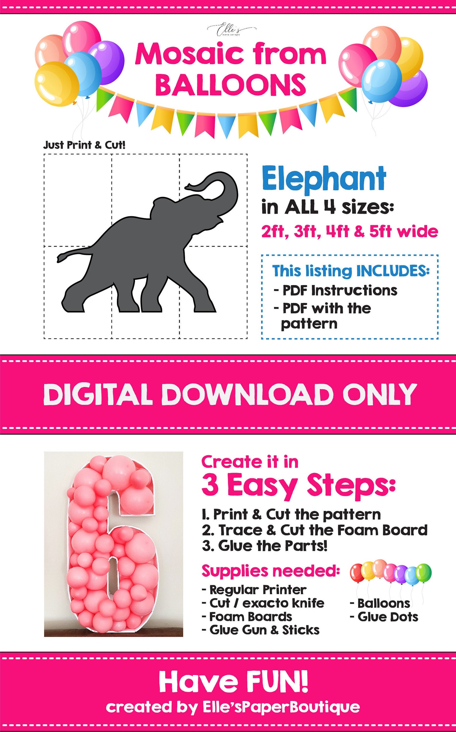 Elephant From Balloons, Safari Party, Elephant Mosaic Template ...