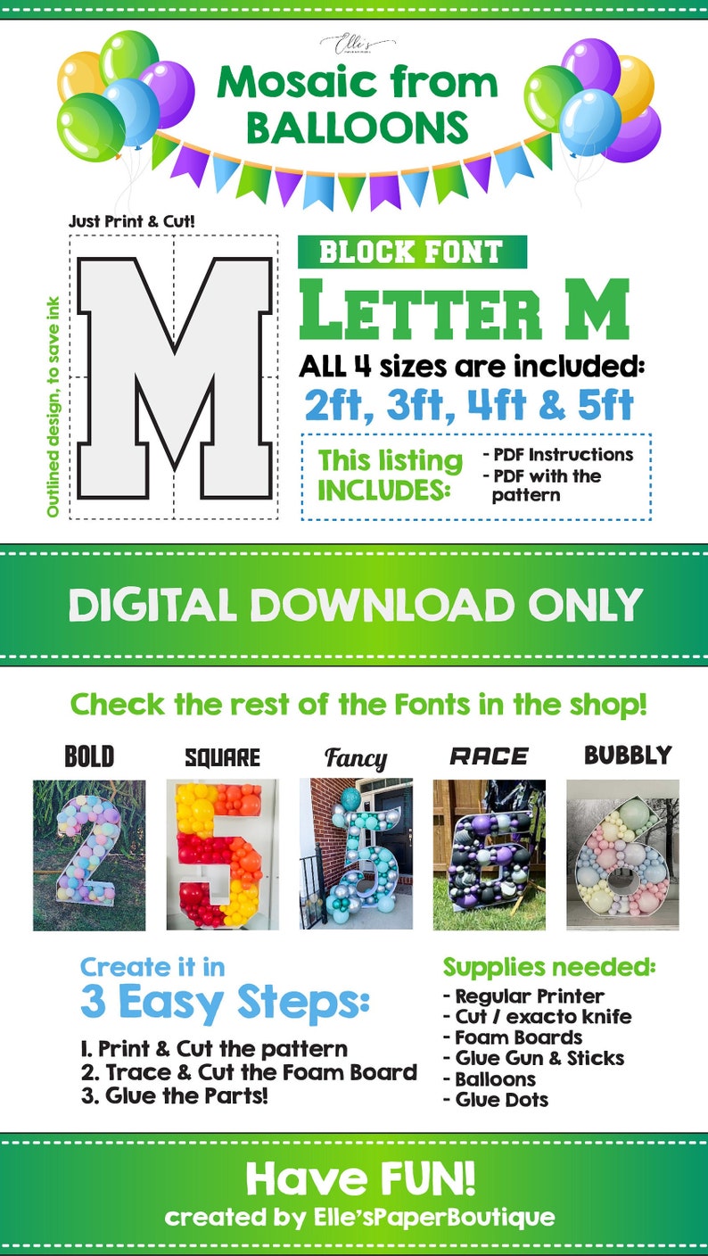 Mosaic Letter M BLOCK Font Mosaic From Balloons Mosaic - Etsy