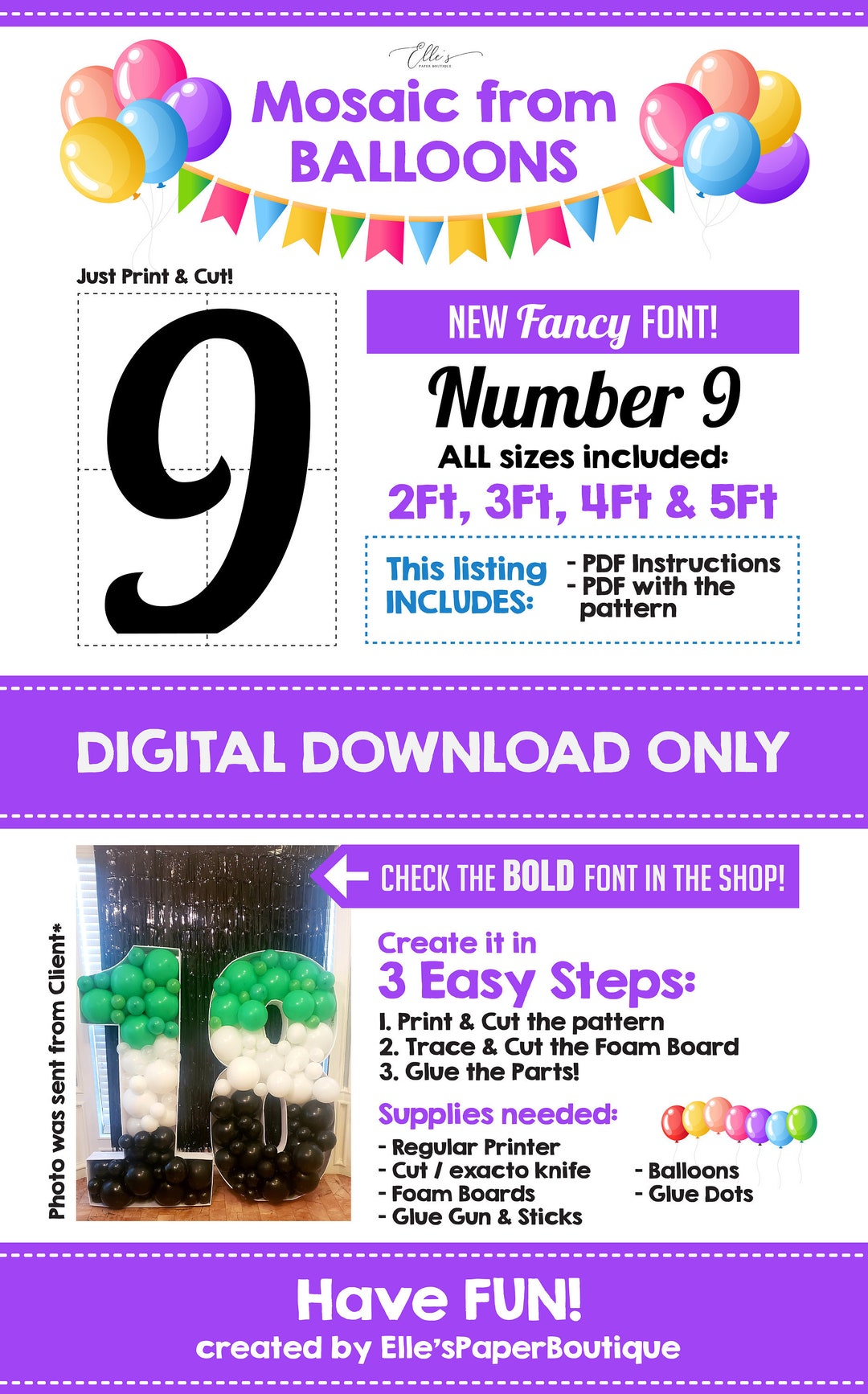 FANCY Number 9, Balloon Mosaic Template, Nine, Mosaic Number Template ...