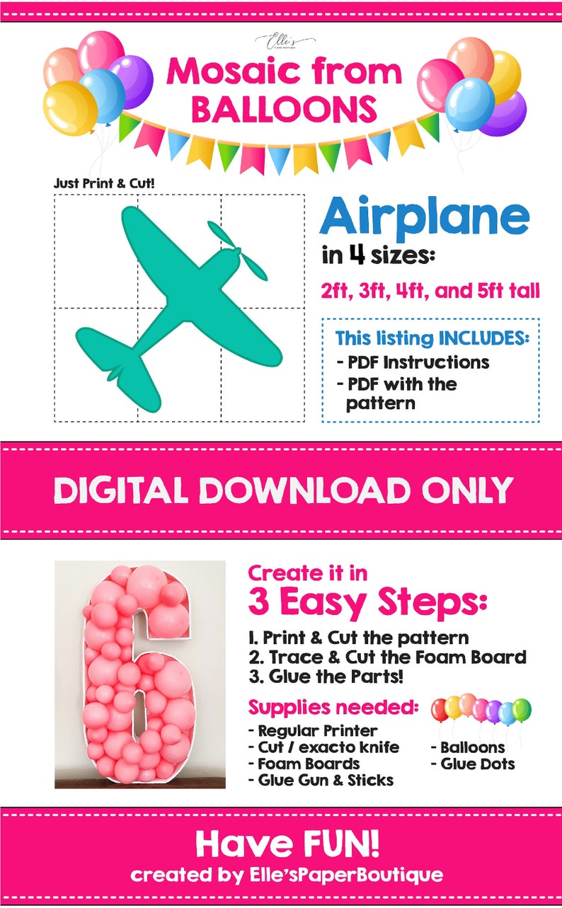 Airplane Mosaic From Balloons, Vintage Plane Mosaic Template, Men ...