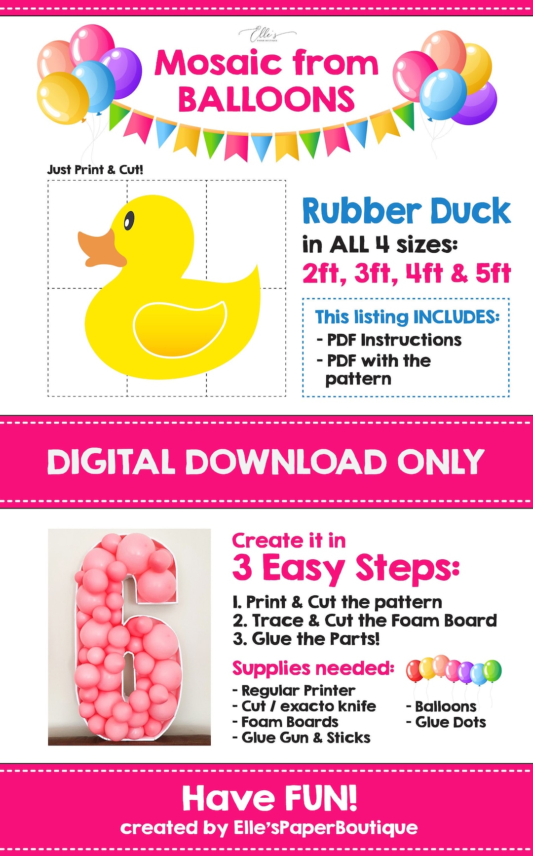 Rubber Duck From Balloons, Duck Mosaic Template, Baby Shower Mosaic ...