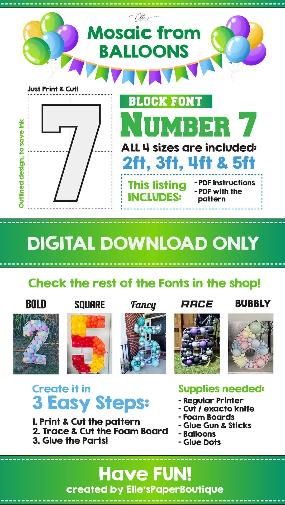 Number 7 BLOCK Font, Balloon Mosaic Template, Mosaic Number Template ...