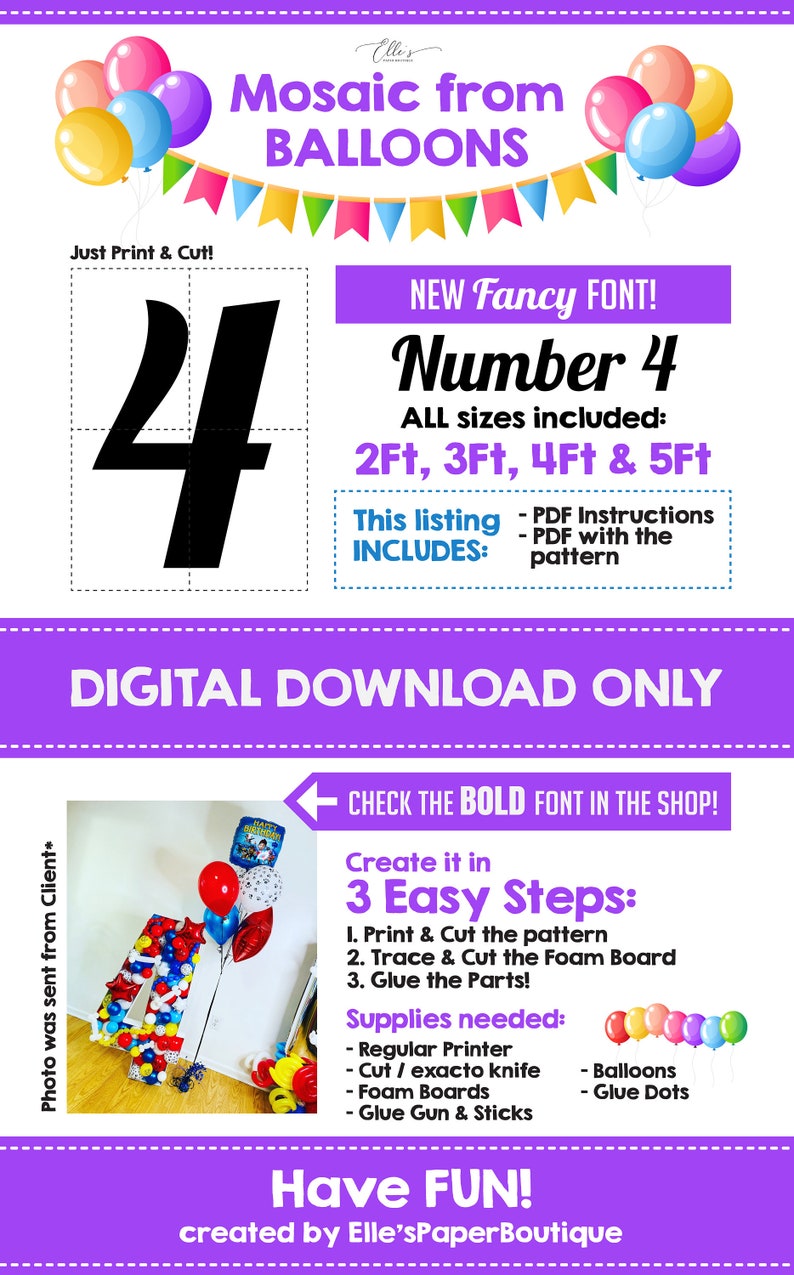 FANCY Number 4 Balloon Mosaic Template Number Four Mosaic | Etsy