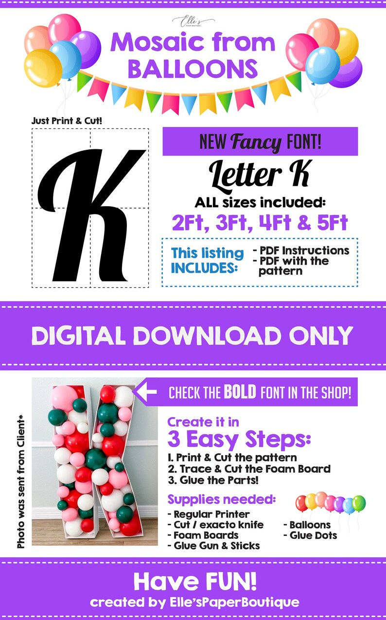FANCY Mosaic Letter K Mosaic From Balloons K Mosaic Template - Etsy