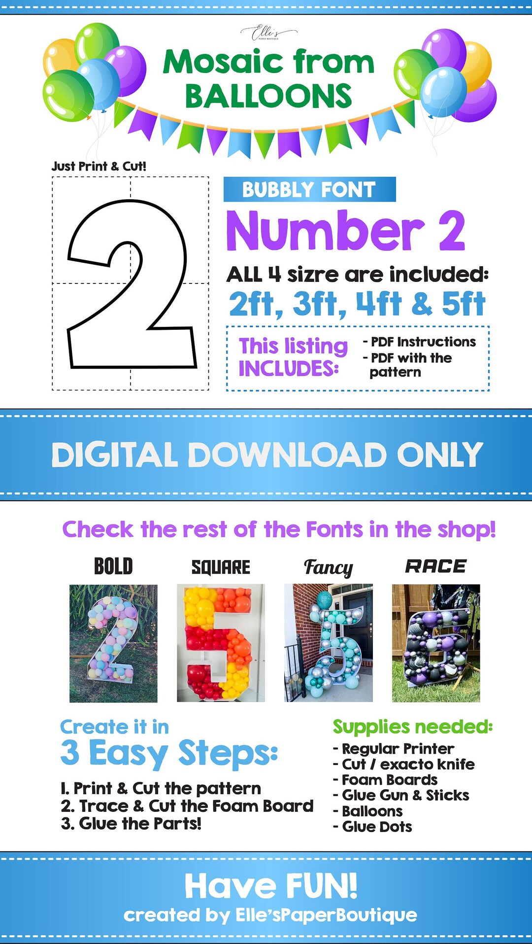 Number 2 BUBBLY Font, Balloon Mosaic Template, TWO Mosaic Number ...
