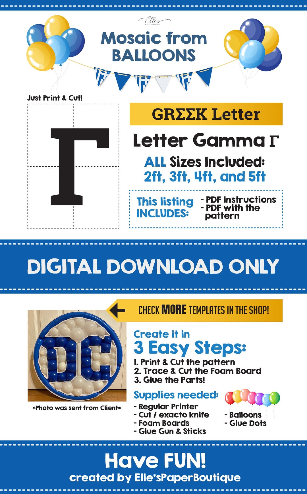 Greek Letter Gamma Γ, Balloon Mosaic Template, Γ, Greek Letters Mosaic ...
