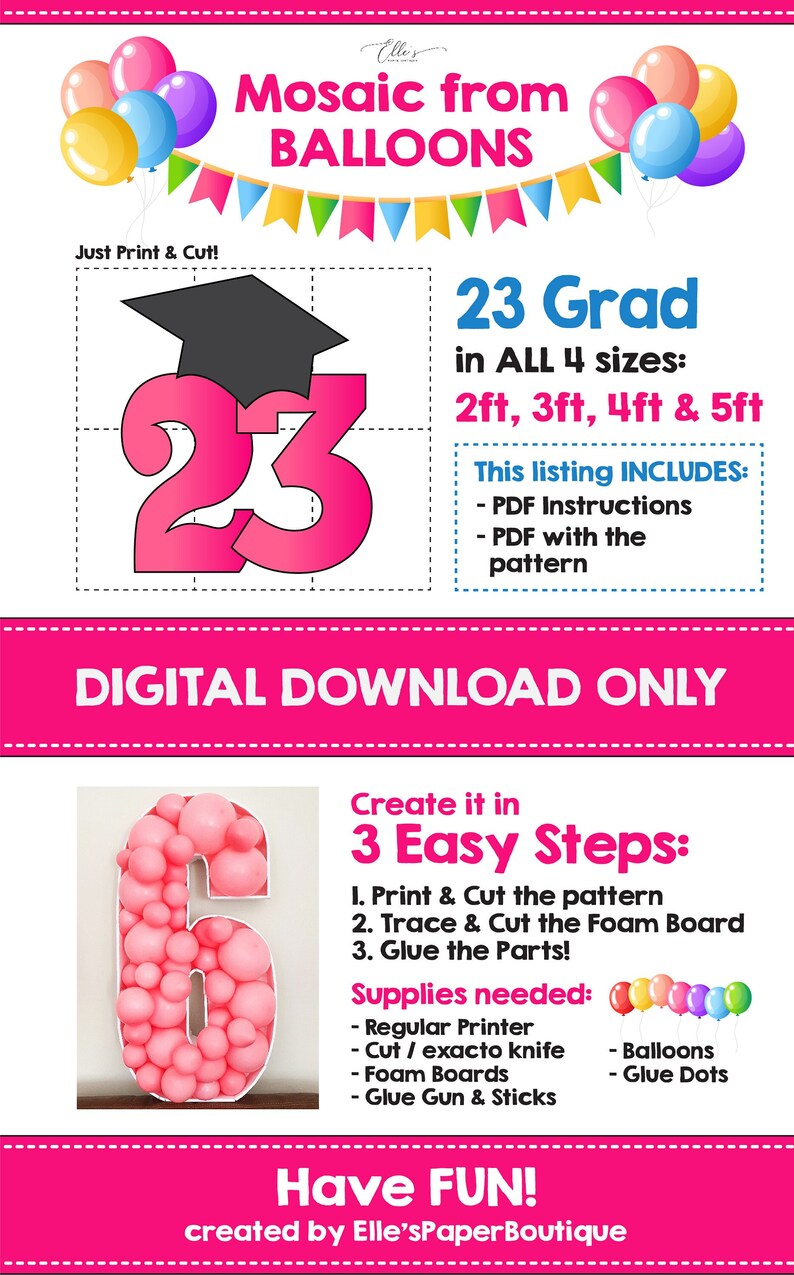 23 Graduation Hat From Balloons Prom 2023 Mosaic Template | Etsy