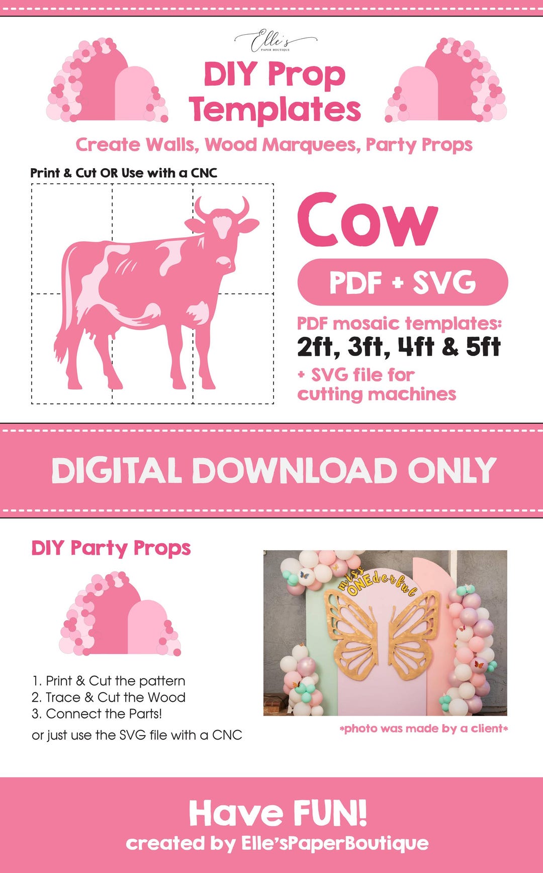 Cow Prop Cut File SVG and PDF Mosaic Templates, Cow Cutout Template ...