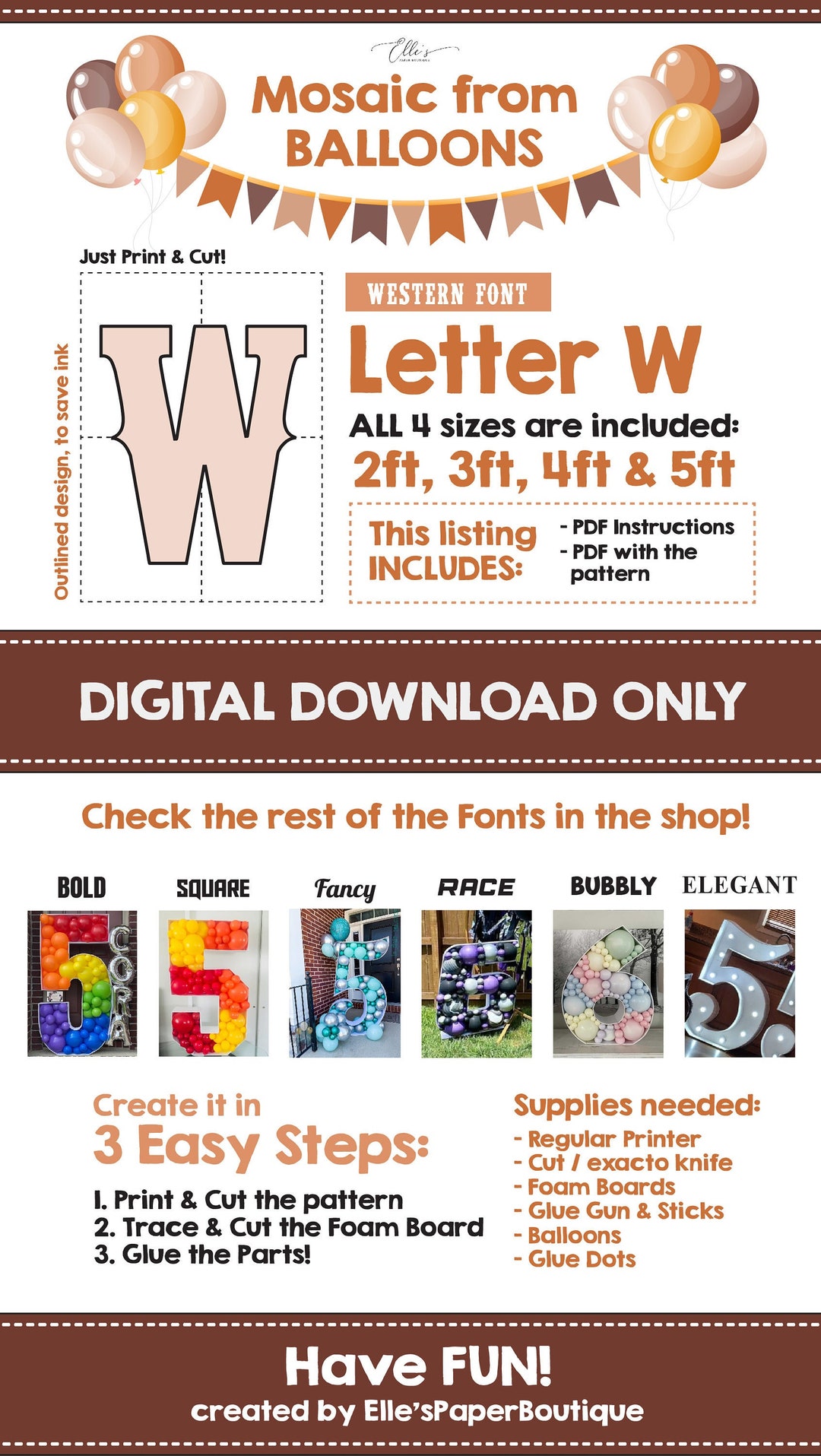 WESTERN Mosaic Letter W - Western Font, Mosaic From Balloons, Cowboy ...