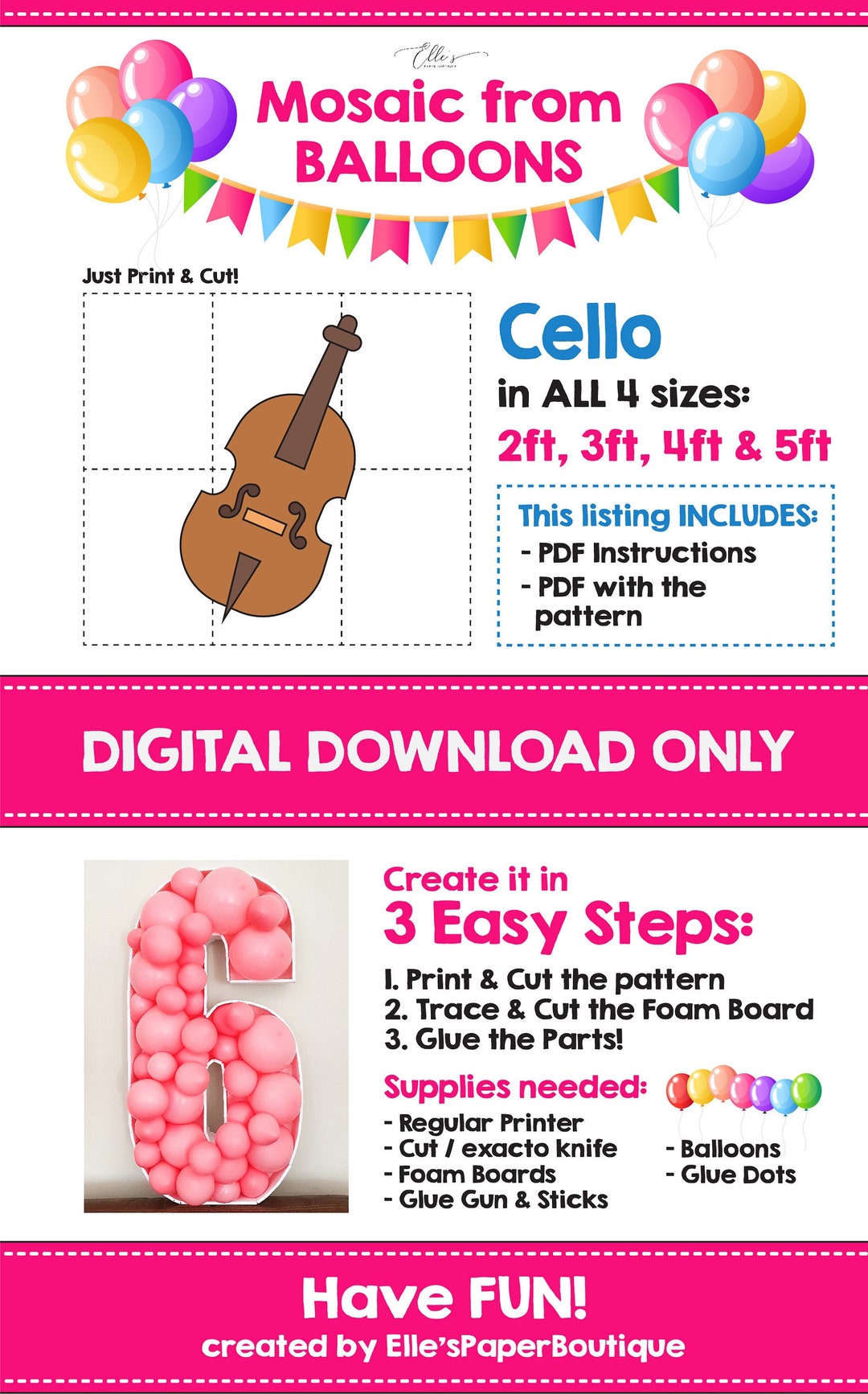 Cello Mosaic From Balloons, Violin Mosaic Template, Music Birthday ...
