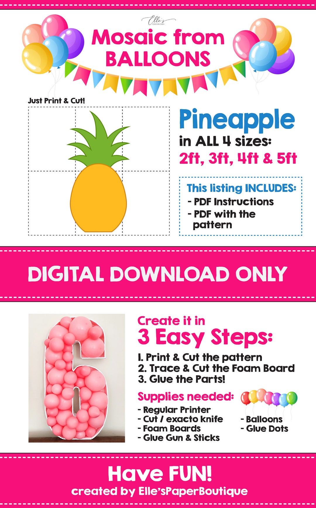 Pineapple Mosaic From Balloons, Summer Party Mosaic Template, Mosaic ...