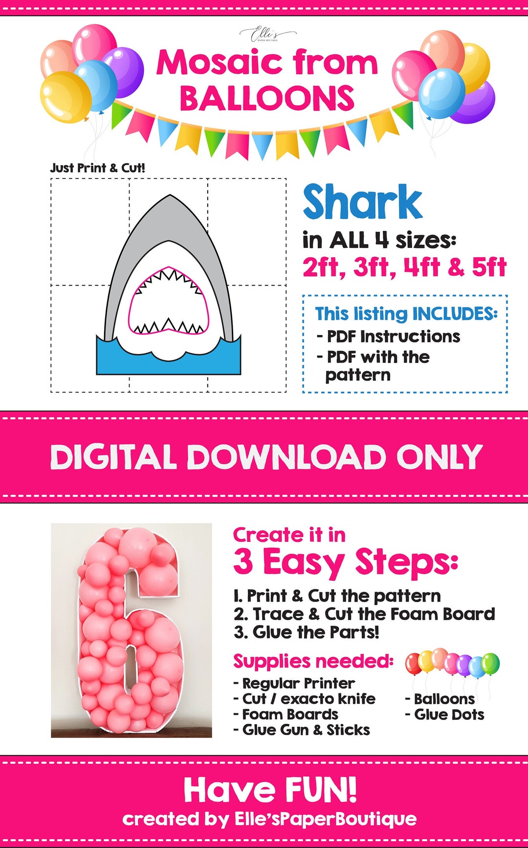 Shark Mosaic From Balloons, Shark Mosaic Template, Mosaic From Balloons ...