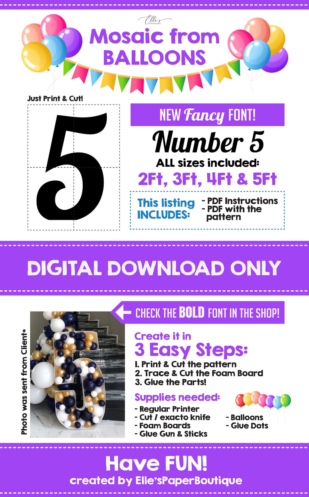 FANCY Number 5, Balloon Mosaic Template, Five, Mosaic Number Template ...