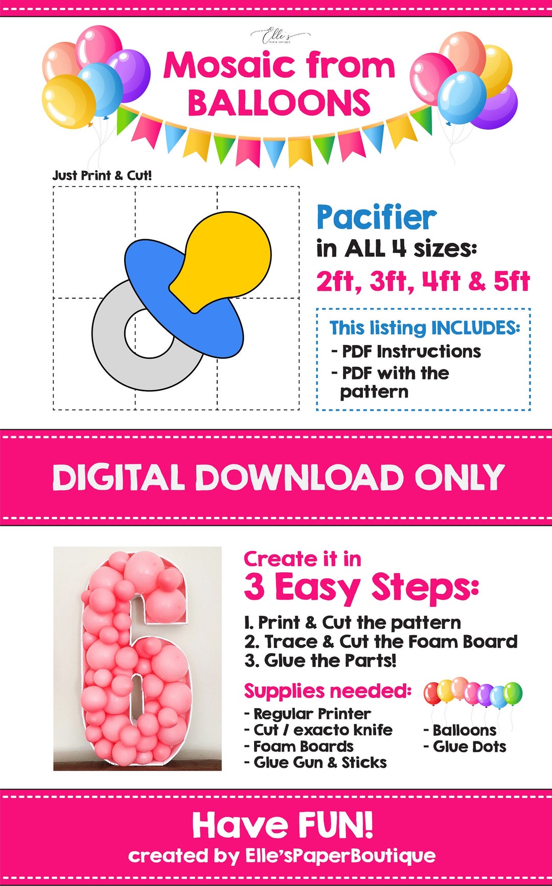 Pacifier Mosaic Balloons, Baby Balloon Mosaic Template, Baby Shower ...
