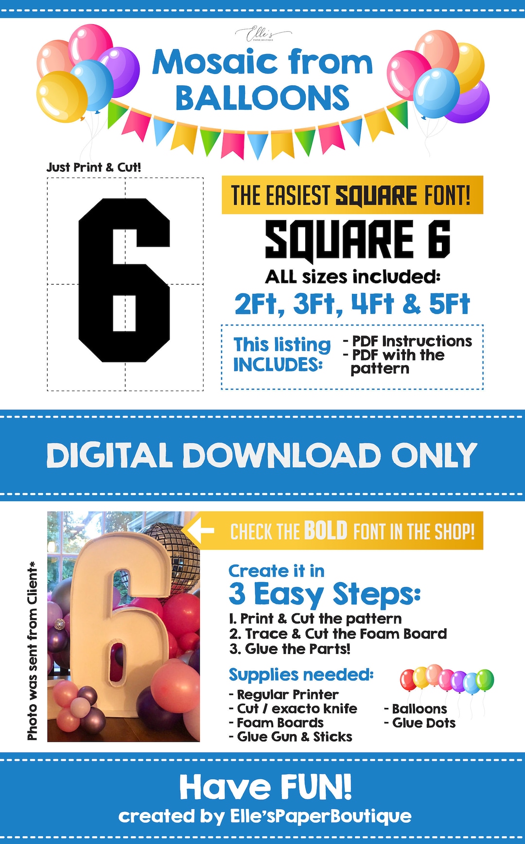 SQUARE Number 6, Balloon Mosaic Template, Six Mosaic Number Template ...