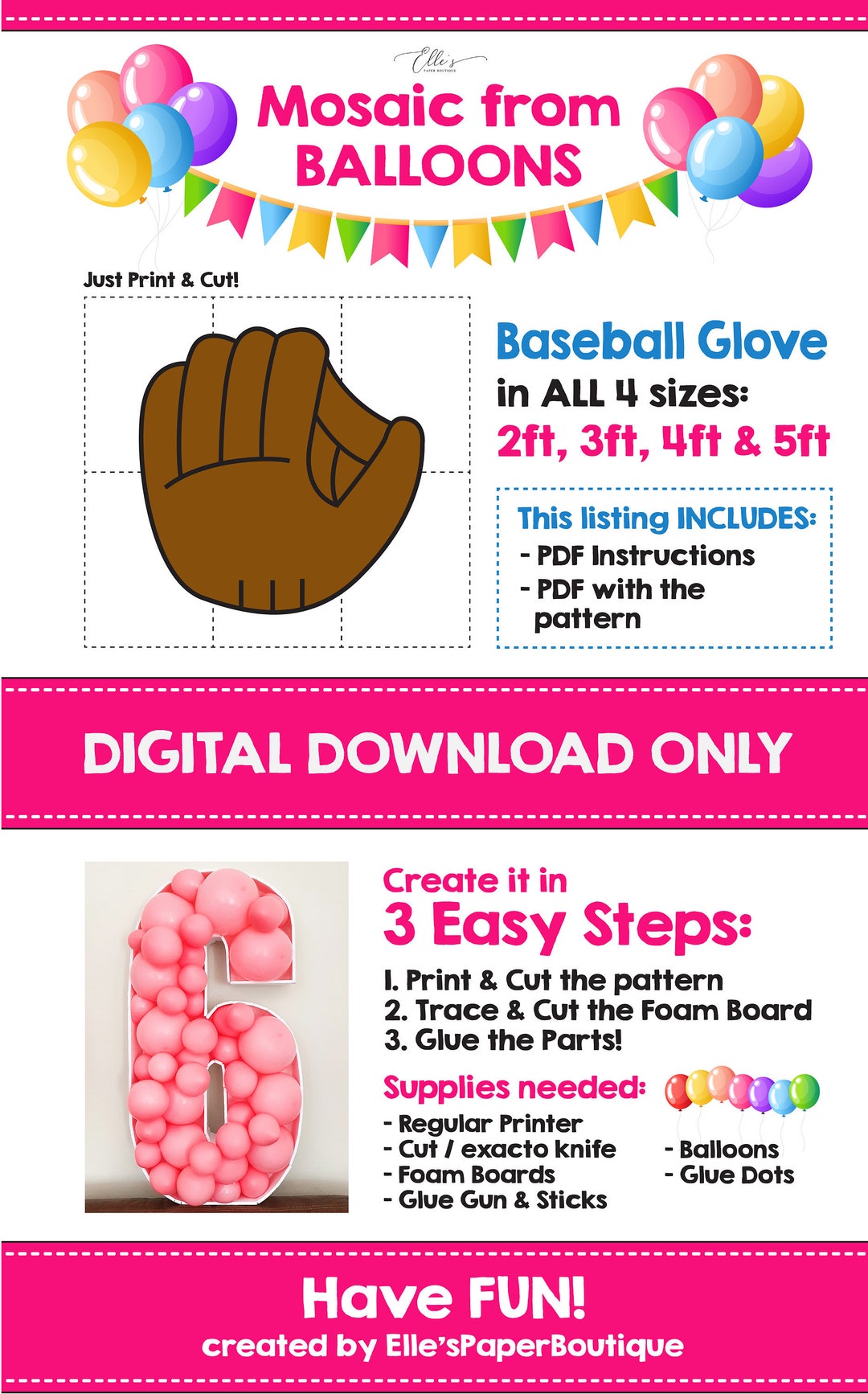 Baseball Glove From Balloons, Baseball Glove Mosaic Template, Sports ...