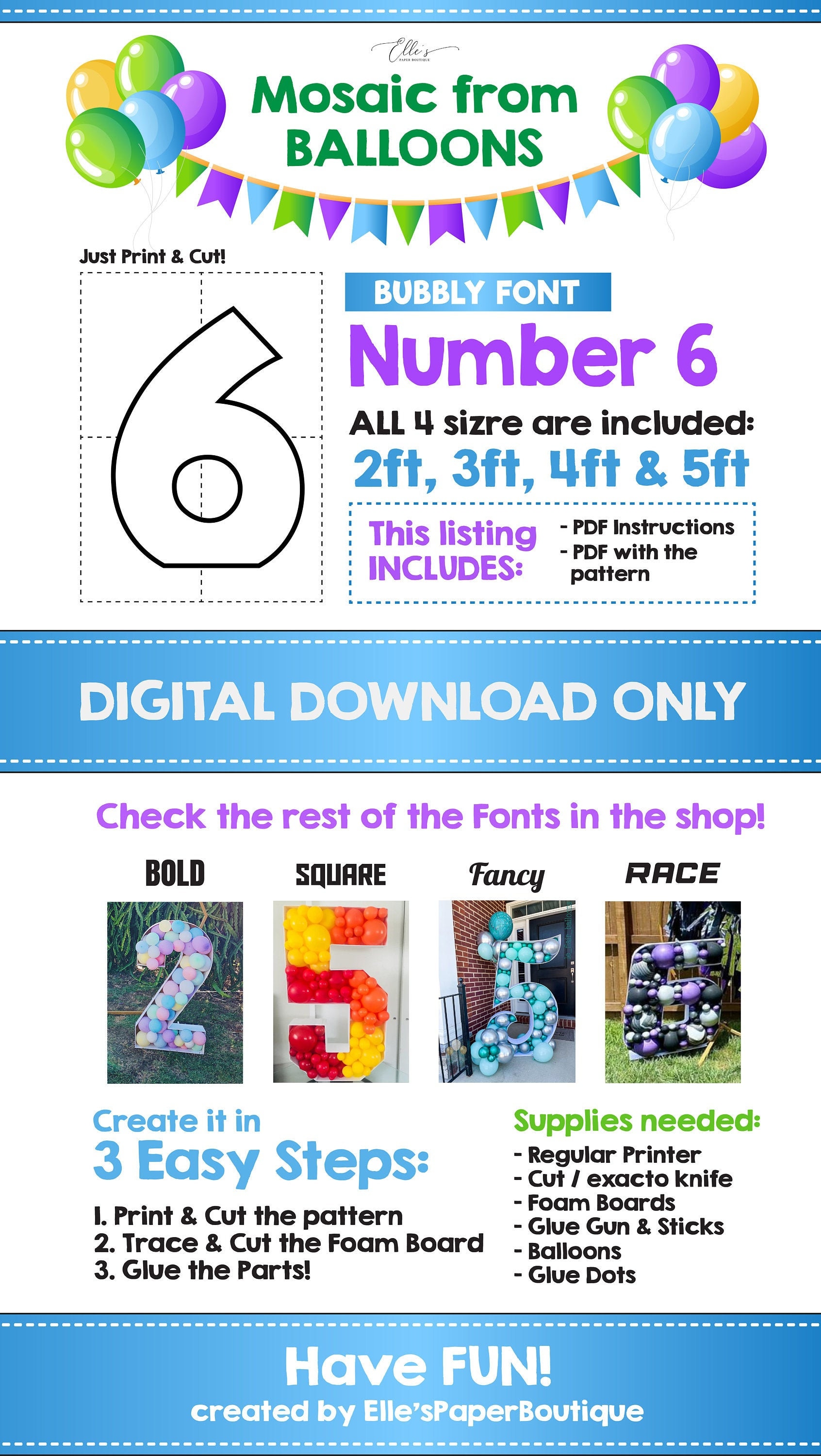 Number 6 BUBBLY Font, Balloon Mosaic Template, SIX Mosaic Number ...