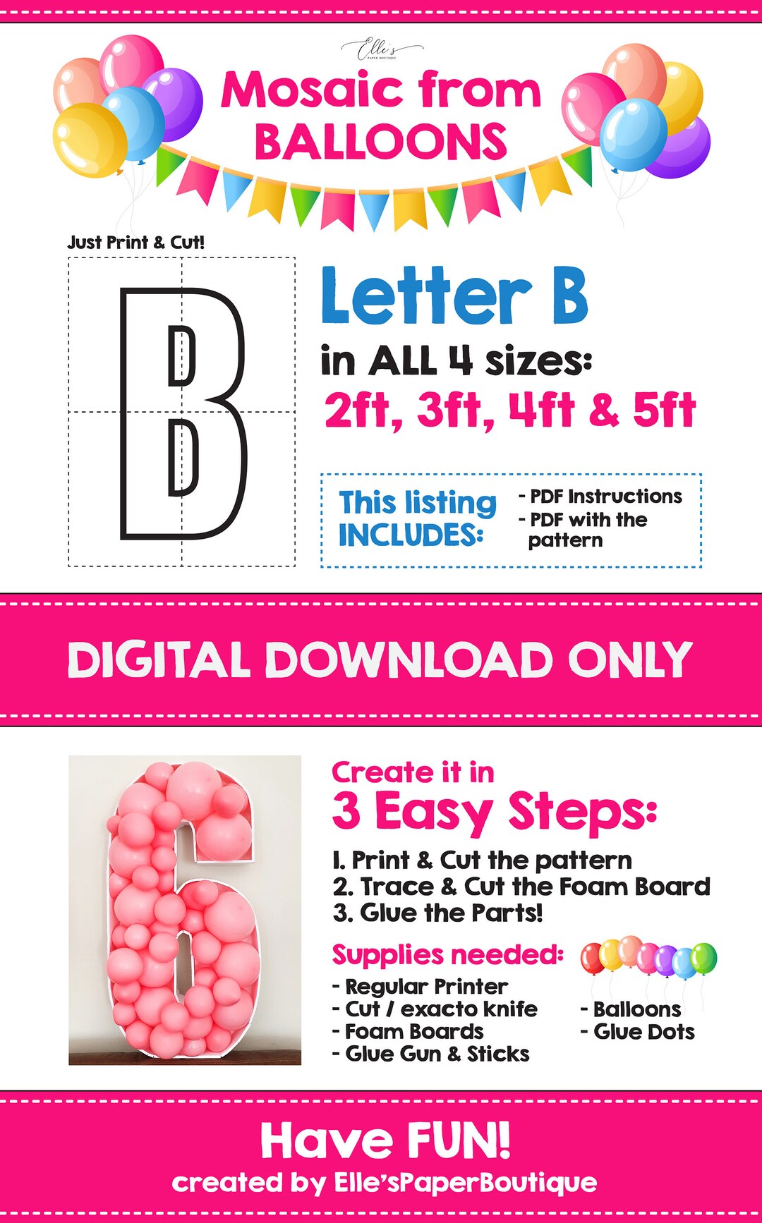Mosaic Letter B, Mosaic Letters, Mosaic From Balloons, 2ft, 3ft, 4ft ...