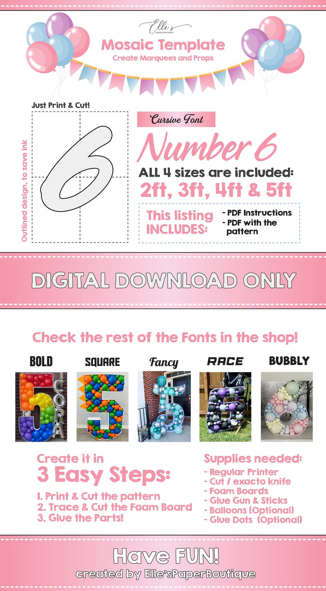 Number 6 CURSIVE Font, Balloon Mosaic Template, Mosaic Number Template ...