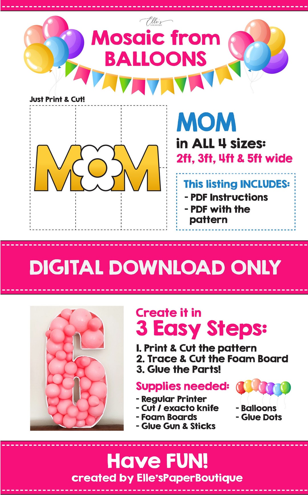 Mother's Day Mosaic Template, Gift for Mom, Heart From Balloons, MOTHER ...