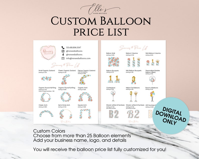 CUSTOM Balloon Price List, Balloon Menu, Balloon Price Guide, DIGITAL ...