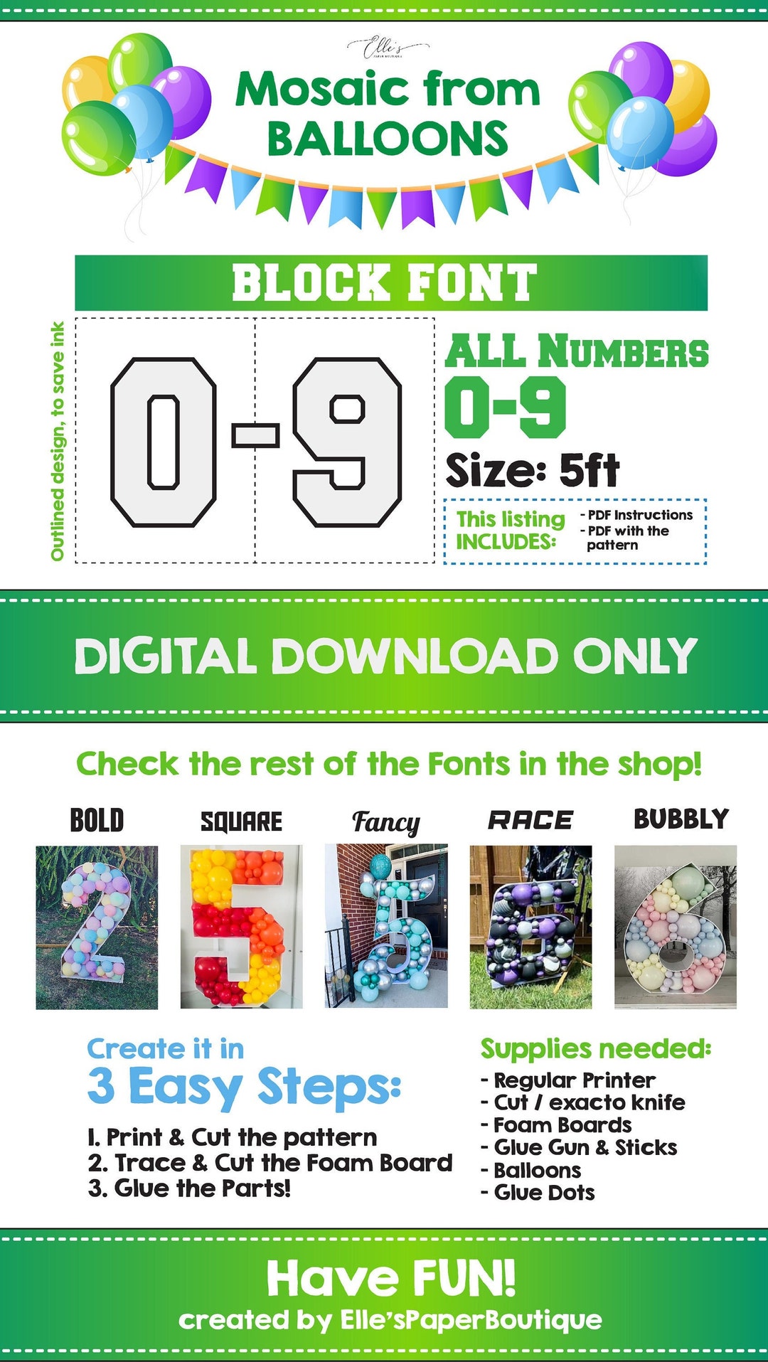ALL Numbers - 5ft, BLOCK Font, Balloon Mosaic Template, Mosaic Numbers ...