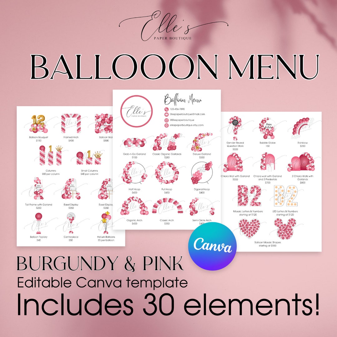 CANVA Balloon Menu, Burgundy & Pink Editable Balloon Menu, Balloon ...