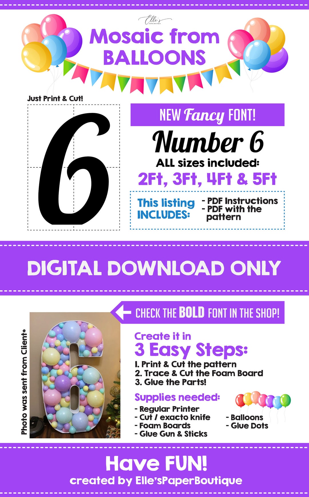 FANCY Number 6, Balloon Mosaic Template, Six, Mosaic Number Template ...