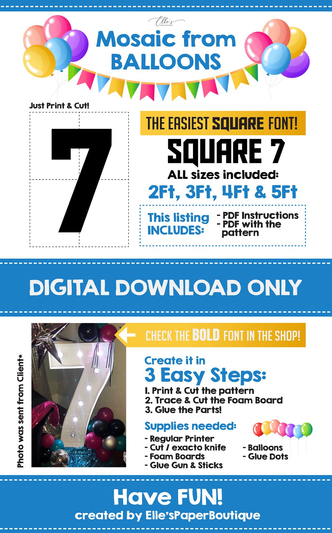 SQUARE Number 7, Balloon Mosaic Template, Seven, Mosaic Number Template ...