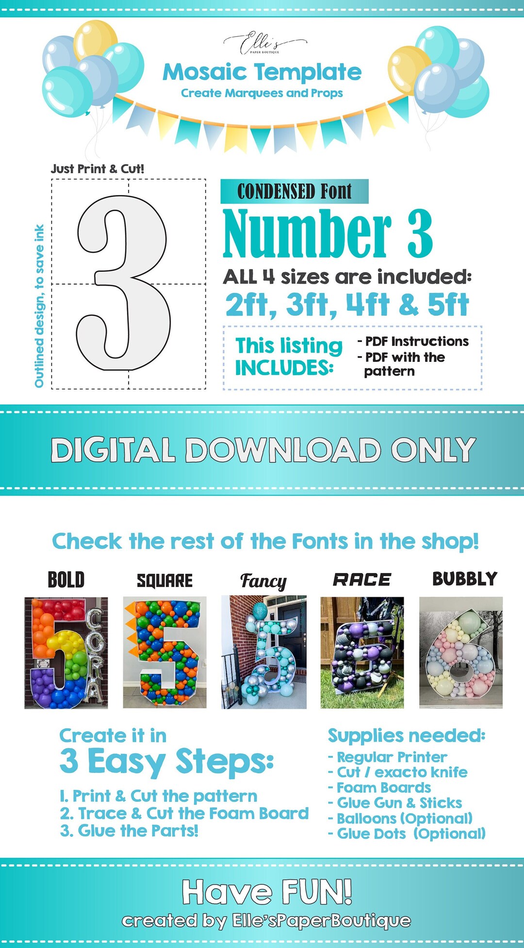 Mosaic Number 3 CONDENSED Font, Balloon Mosaic Template, Mosaic Number ...