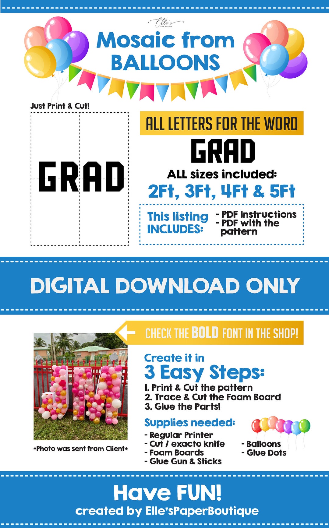 GRAD - Square Mosaic Letters for GRAD, Mosaic From Balloons, Prom ...