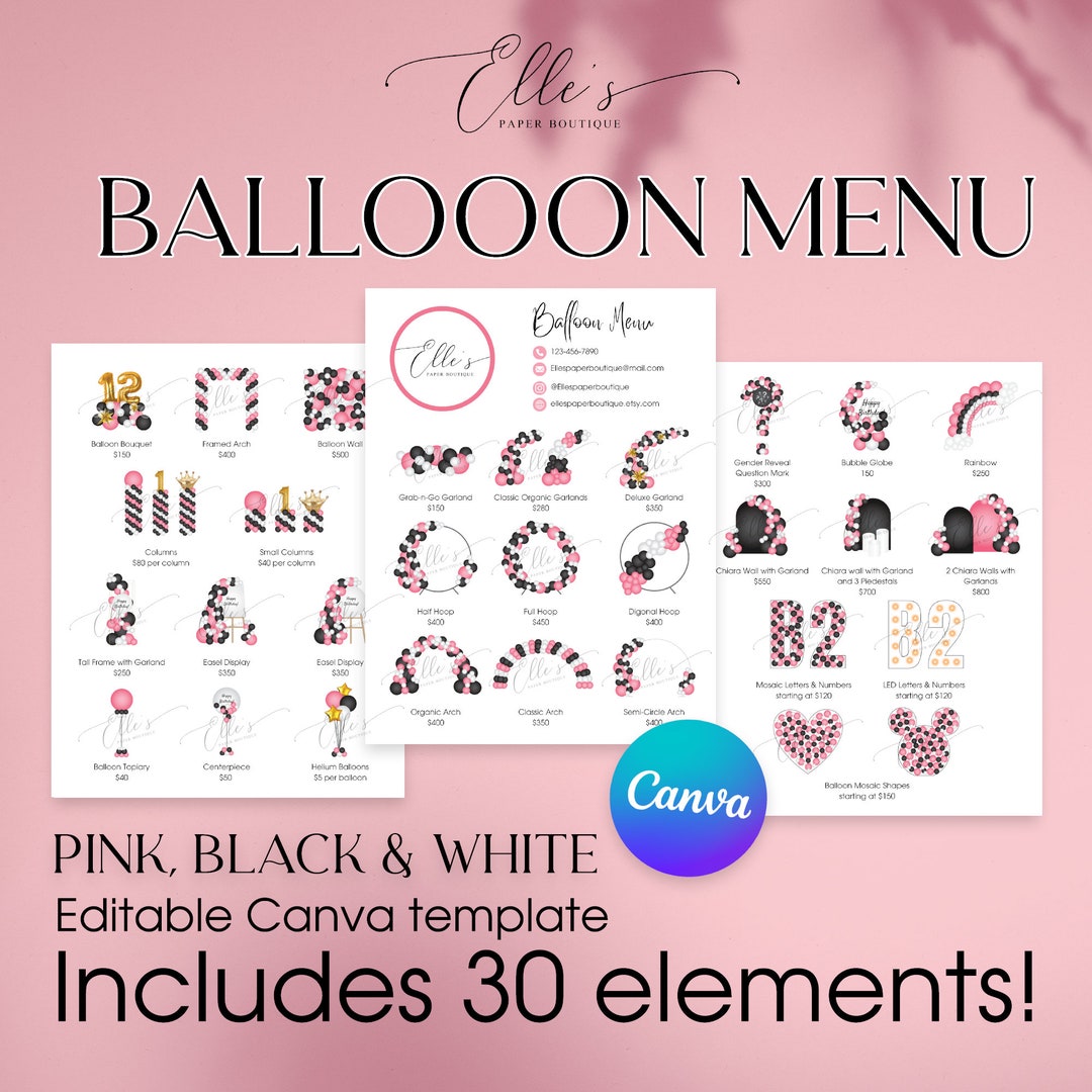 CANVA Balloon Menu, Pink & Black Colors Editable Balloon Menu, Purple ...