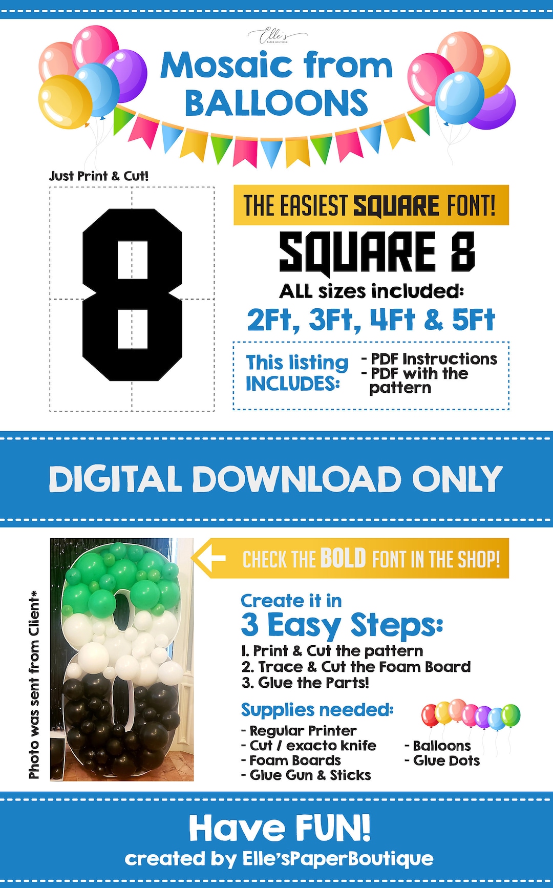 SQUARE Number 8, Balloon Mosaic Template, Eight Mosaic Number Template ...