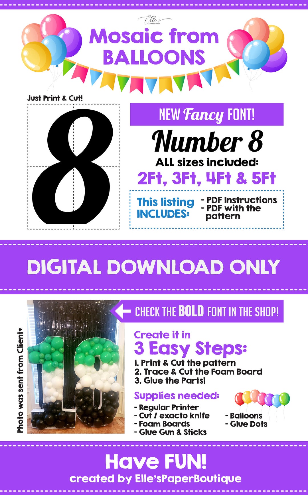 FANCY Number 8, Balloon Mosaic Template, Eight, Mosaic Number Template ...