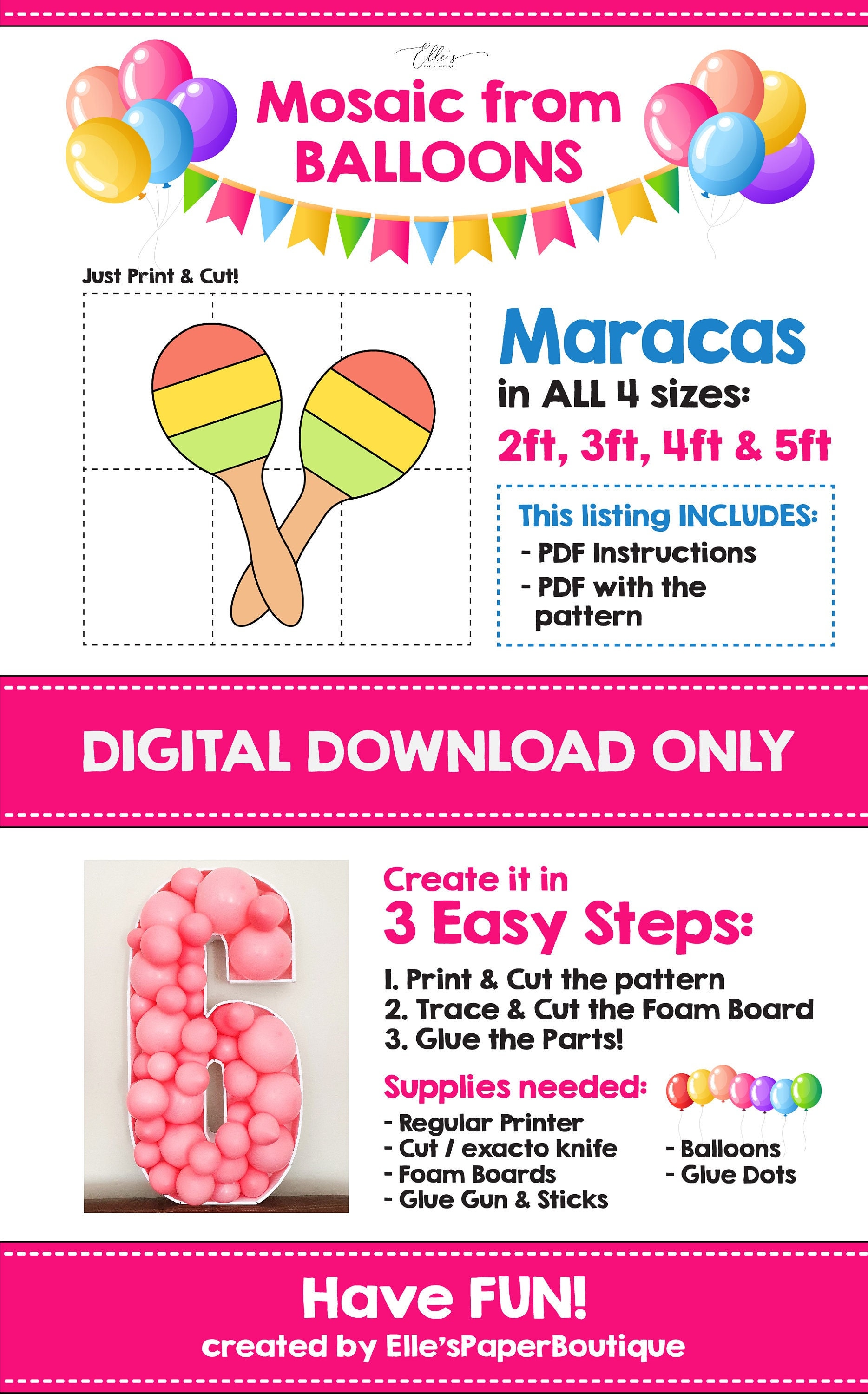 Maracas Balloon Mosaic Template, Mosaic From Balloons, Mexican Party ...