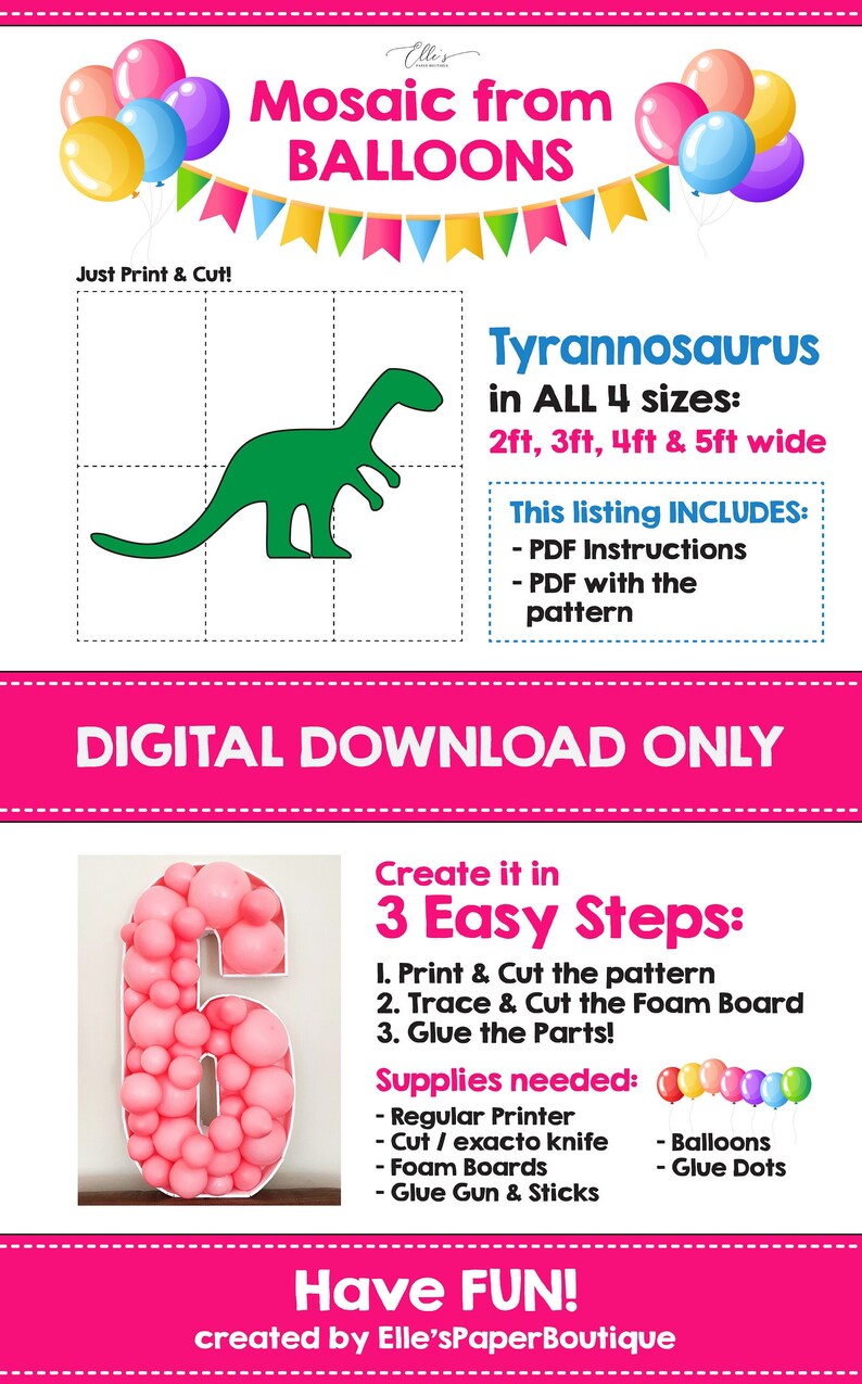 T-rex From Balloons Tyrannosaurus Mosaic From Balloons Dino | Etsy