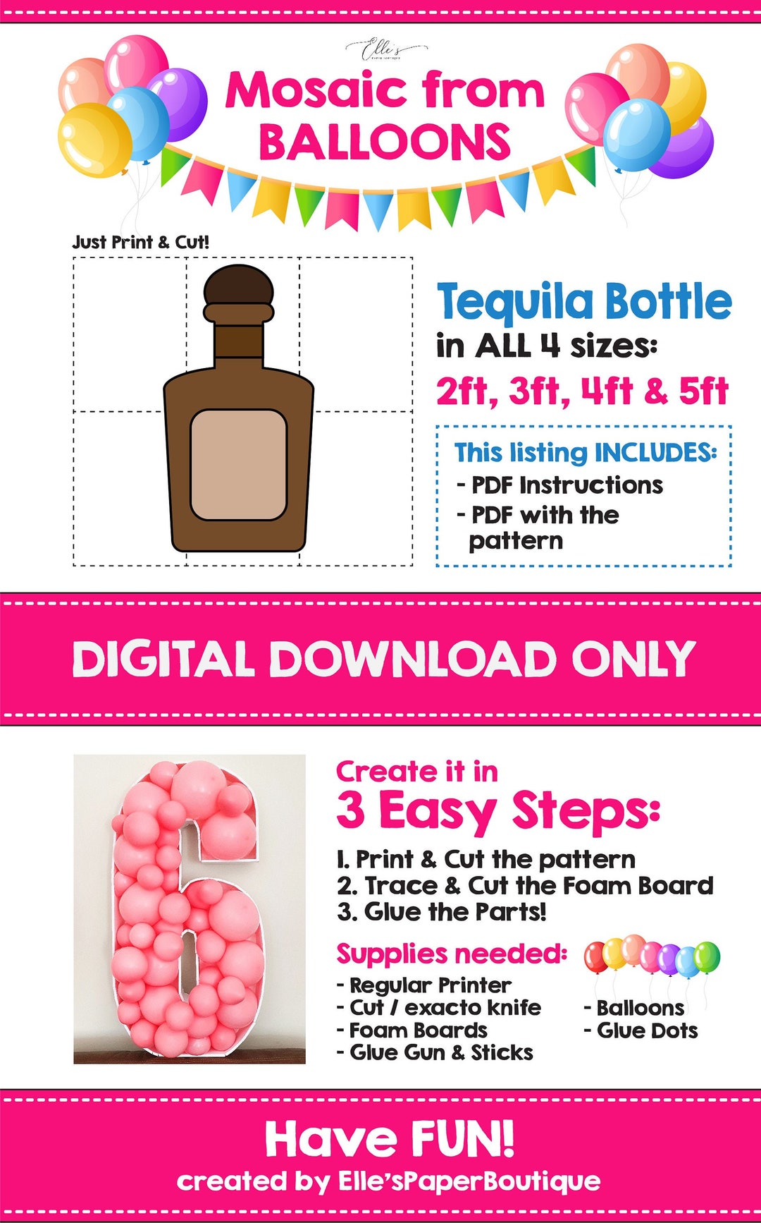 Tequila Bottle Mosaic Template, Party Bottle Mosaic From Balloons ...