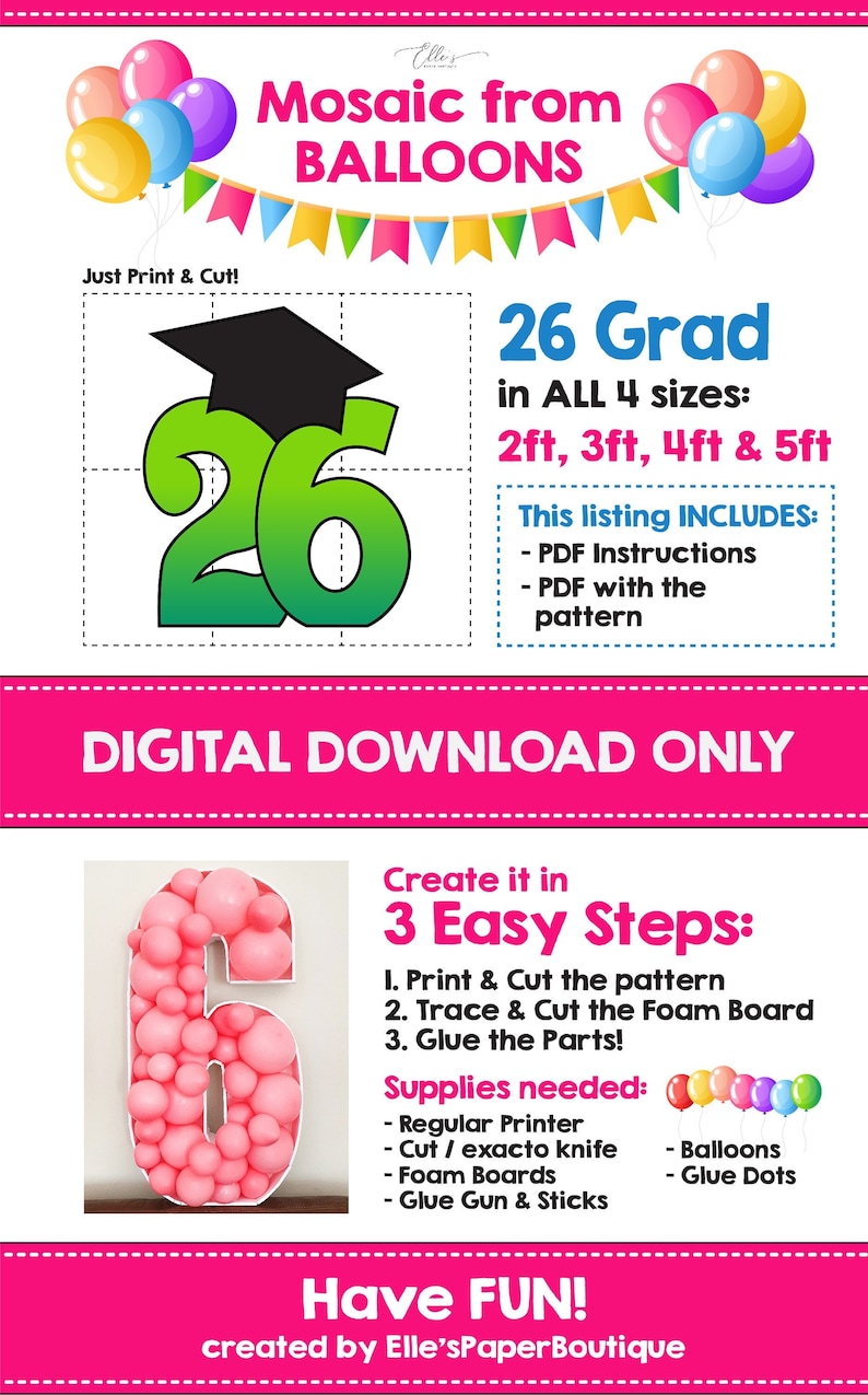 26 Graduation Hat From Balloons Prom 2026 Mosaic Template - Etsy Canada