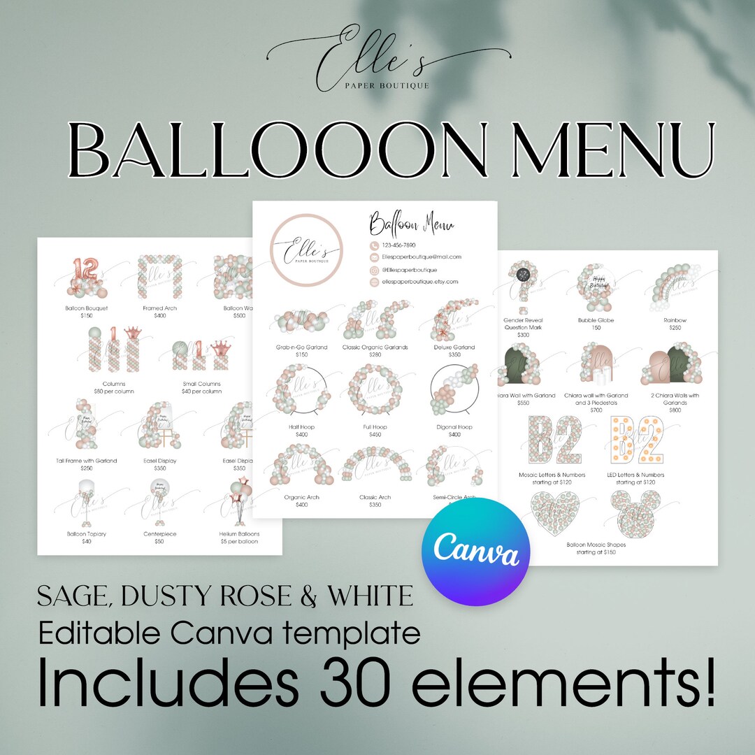 CANVA Balloon Menu, Editable Balloon Menu, Sage, Dusty Rose Balloon ...