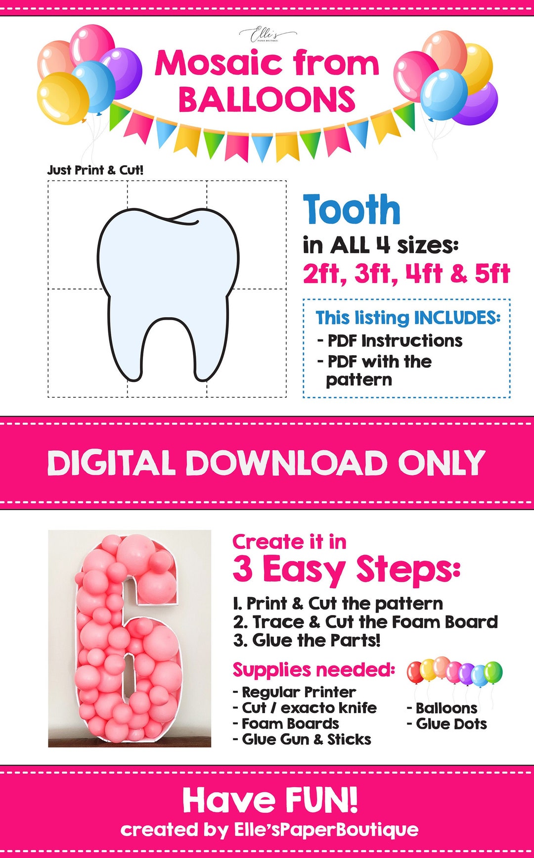 Tooth Mosaic From Balloons, Tooth Fairy Mosaic Template, Tooth Balloon ...