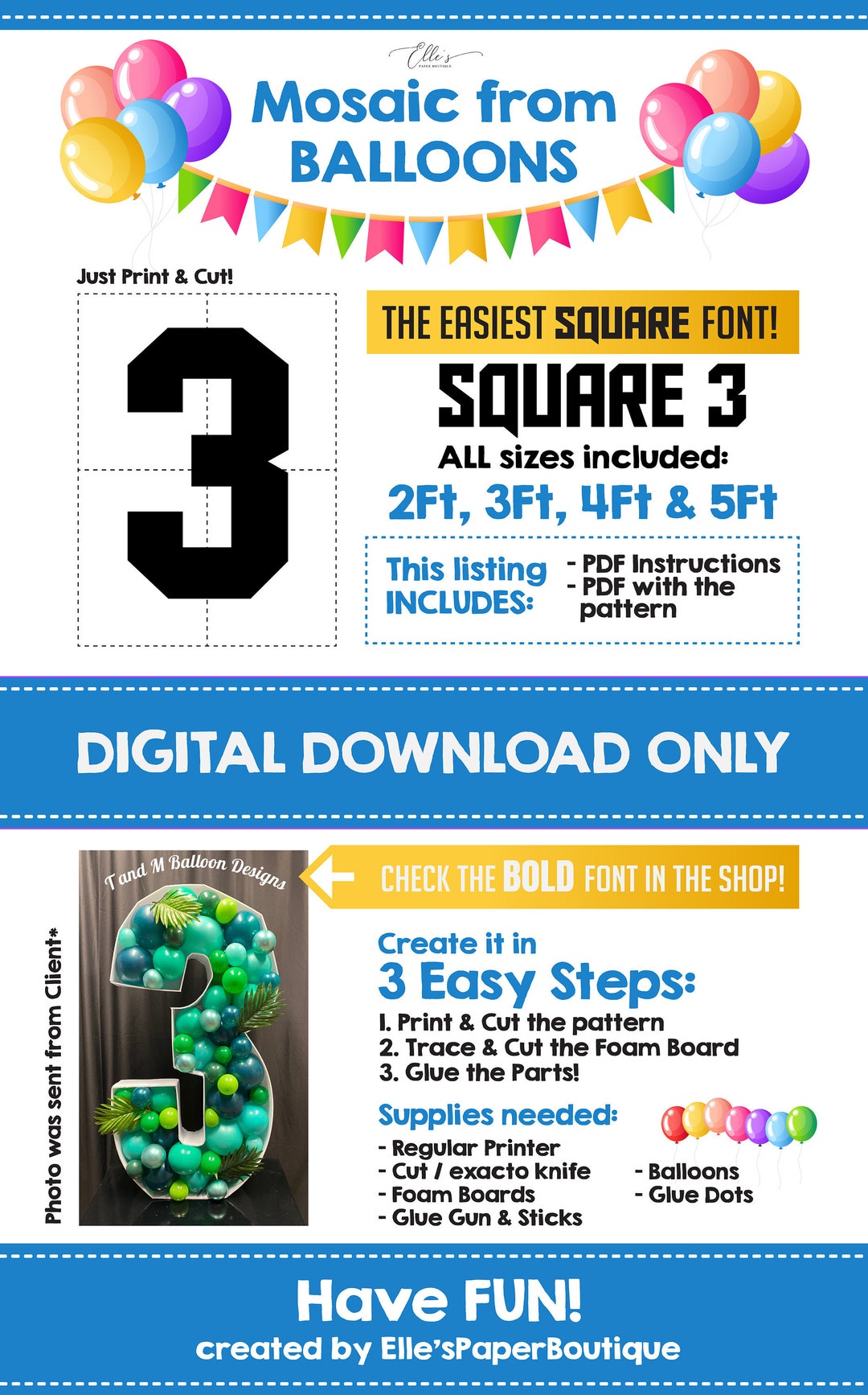 SQUARE Number 3, Balloon Mosaic Template, Three Mosaic Number Template ...