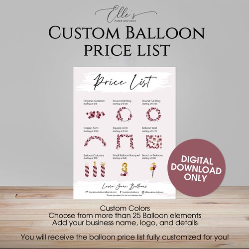 CUSTOM Balloon Price List Balloon Menu Balloon Price Guide - Etsy