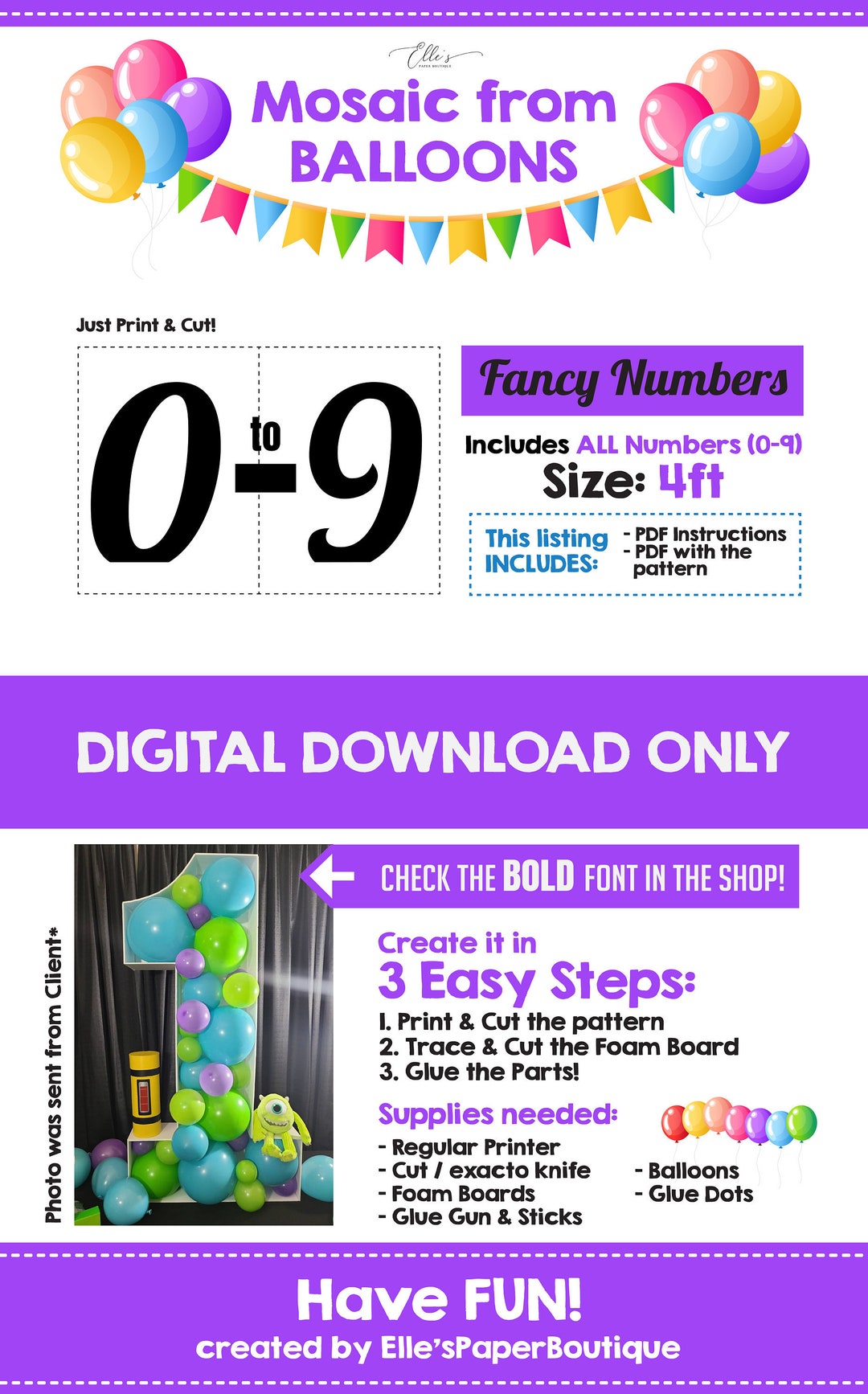 4ft FANCY Mosaic From Balloons Numbers, 4ft All Numbers, Mosaic Numbers ...