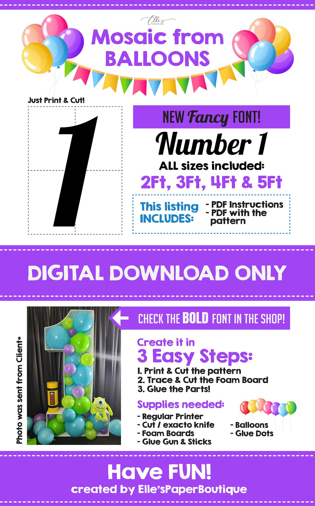 FANCY Number 1, Balloon Mosaic Template, Number One, Mosaic Number ...