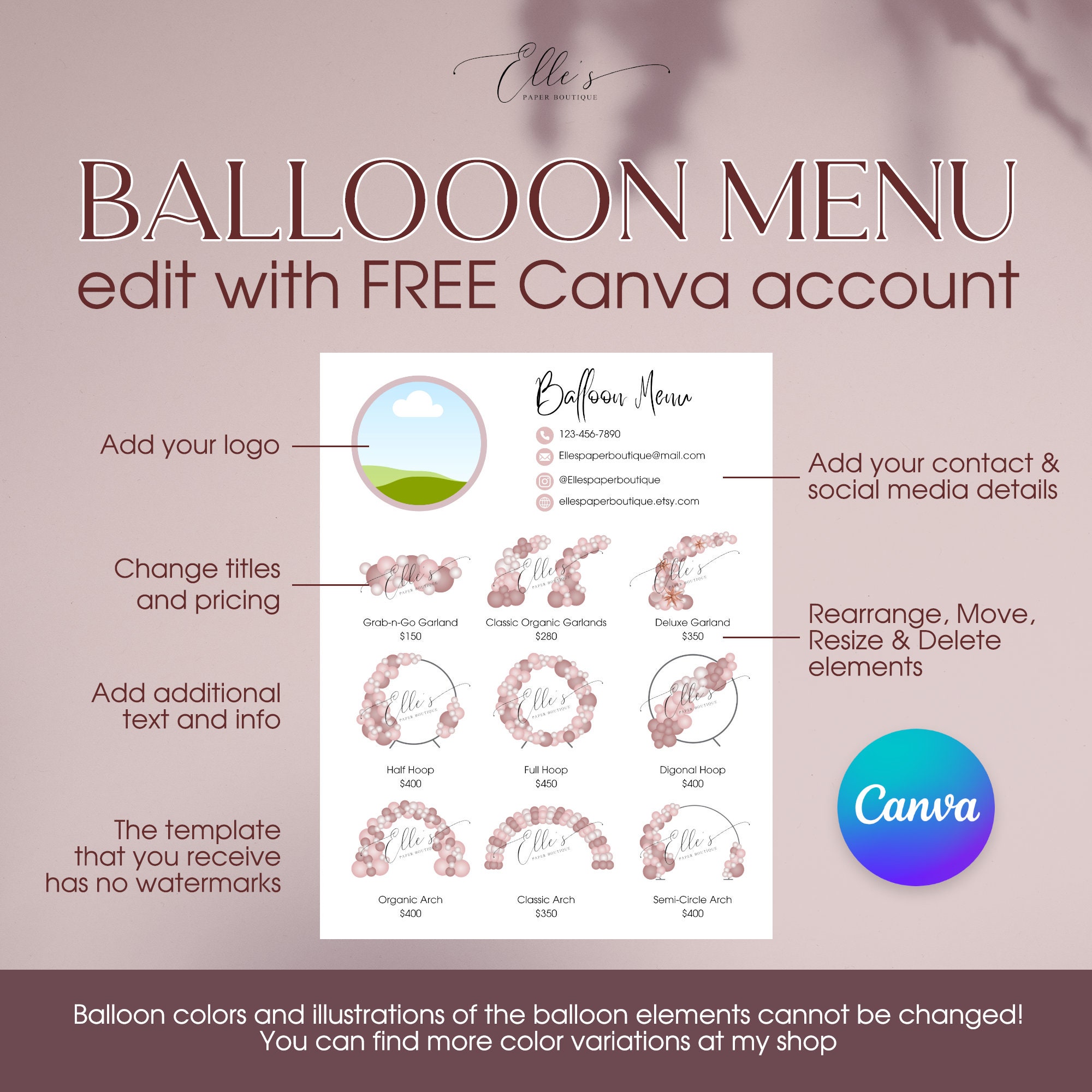 CANVA Balloon Menu, Editable Balloon Menu, Dusty Rose Balloon Pricing ...